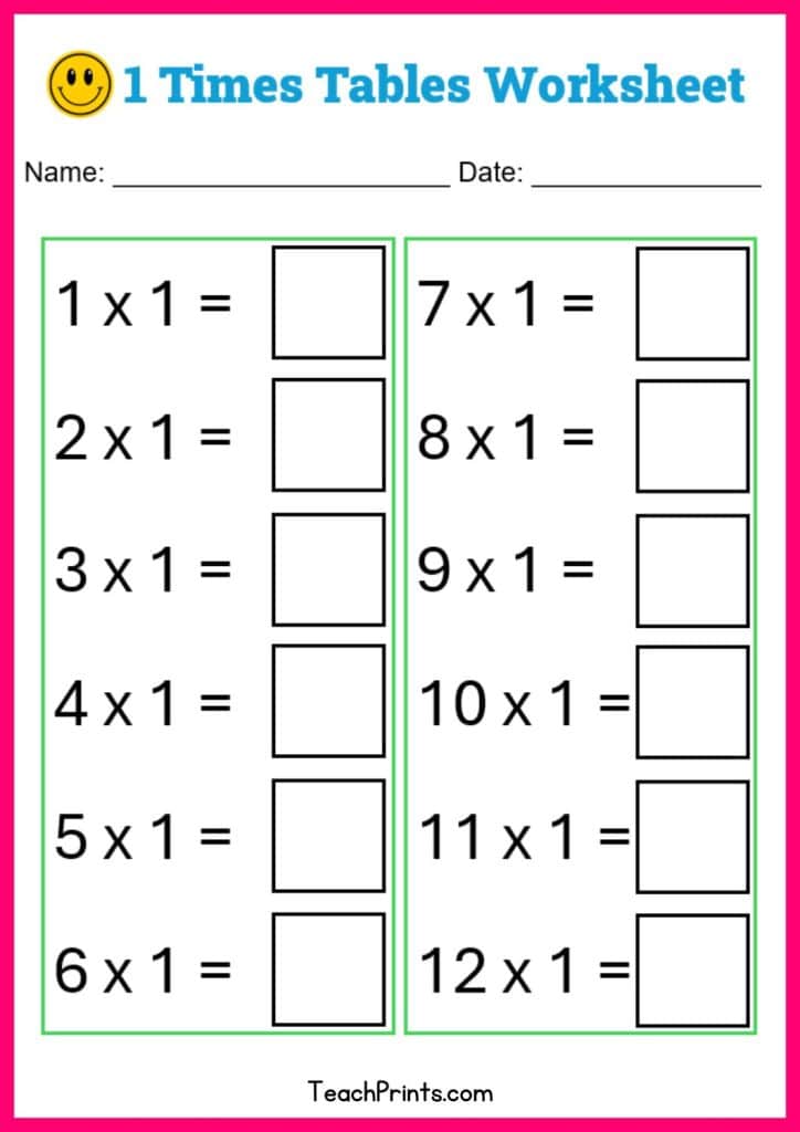 Free One Times Tables Worksheets - Teach Prints