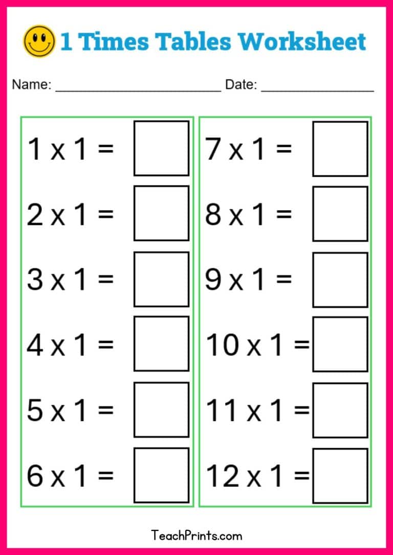 Free One Times Tables Worksheets - Teach Prints