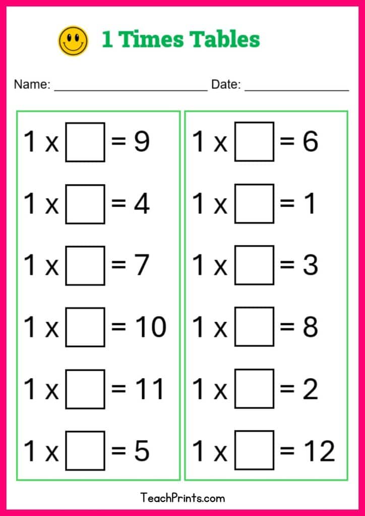 Free One Times Tables Worksheets - Teach Prints