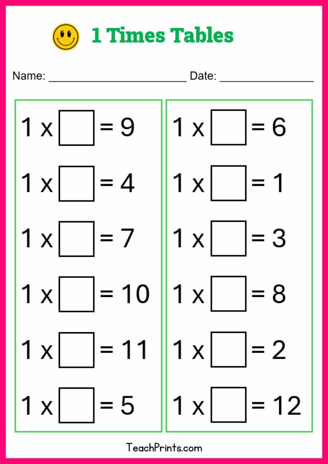 Free One Times Tables Worksheets - Teach Prints