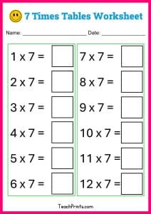 Free Seven Times Tables Worksheets (8 Versions) - Teach Prints