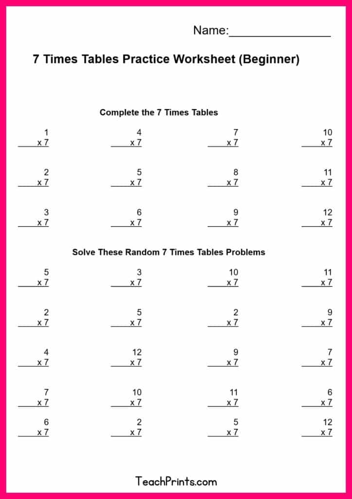 Free Seven Times Tables Worksheets (8 Versions) - Teach Prints