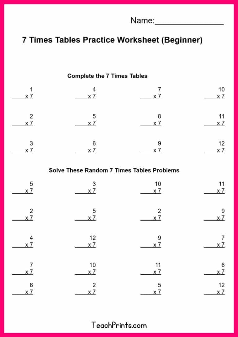 Free Seven Times Tables Worksheets (8 Versions) - Teach Prints