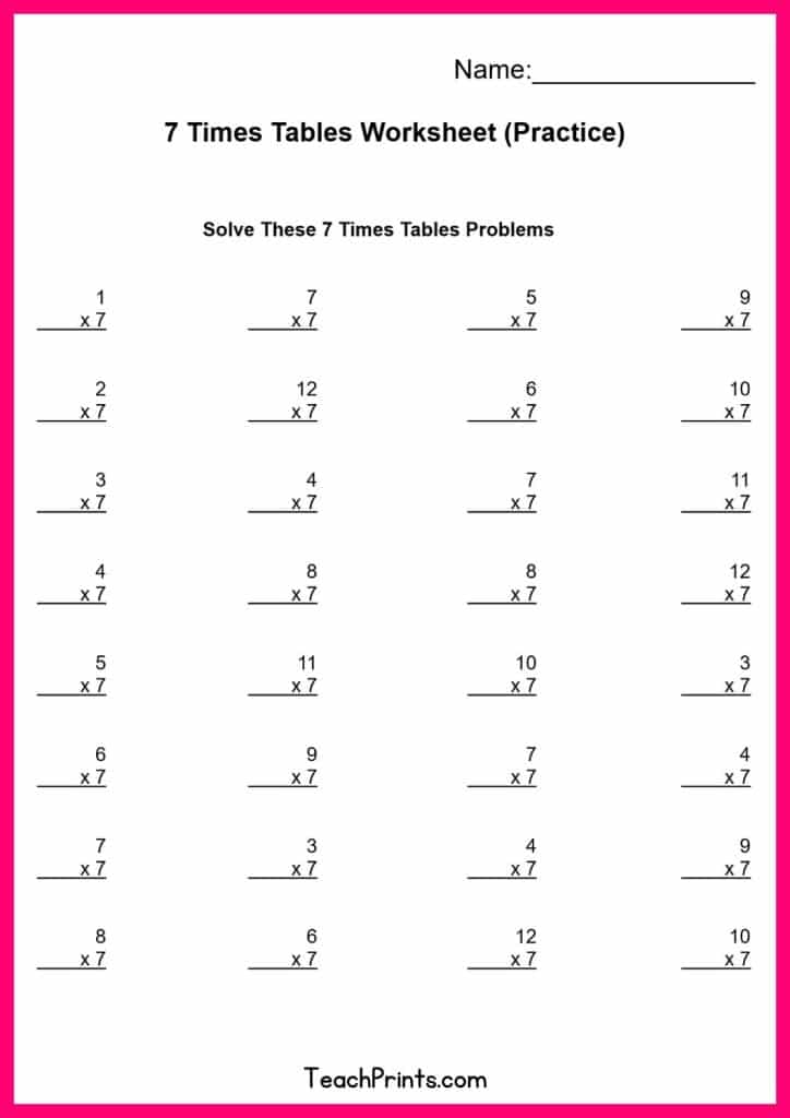 Free Seven Times Tables Worksheets (8 Versions) - Teach Prints