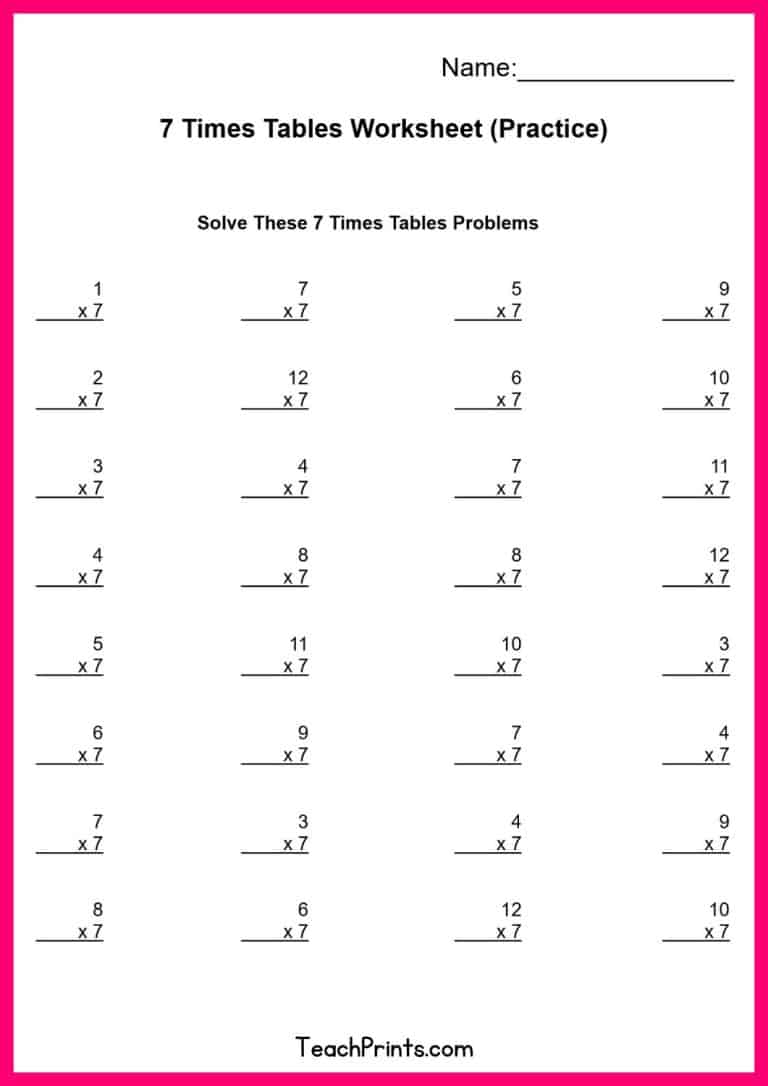 Free Seven Times Tables Worksheets (8 Versions) - Teach Prints
