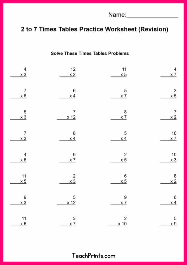 Free Seven Times Tables Worksheets (8 Versions) - Teach Prints