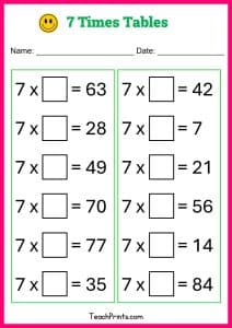 Free Seven Times Tables Worksheets (8 Versions) - Teach Prints