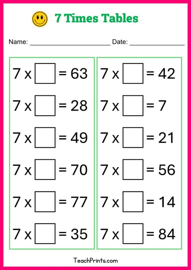 Free Seven Times Tables Worksheets (8 Versions) - Teach Prints