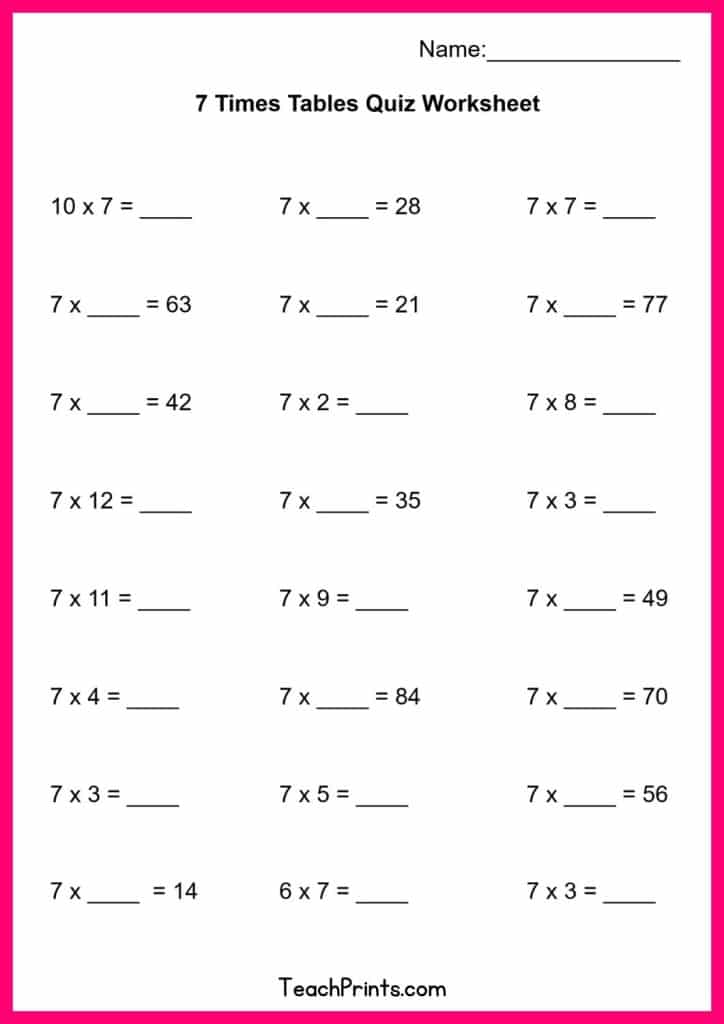 Free Seven Times Tables Worksheets (8 Versions) - Teach Prints
