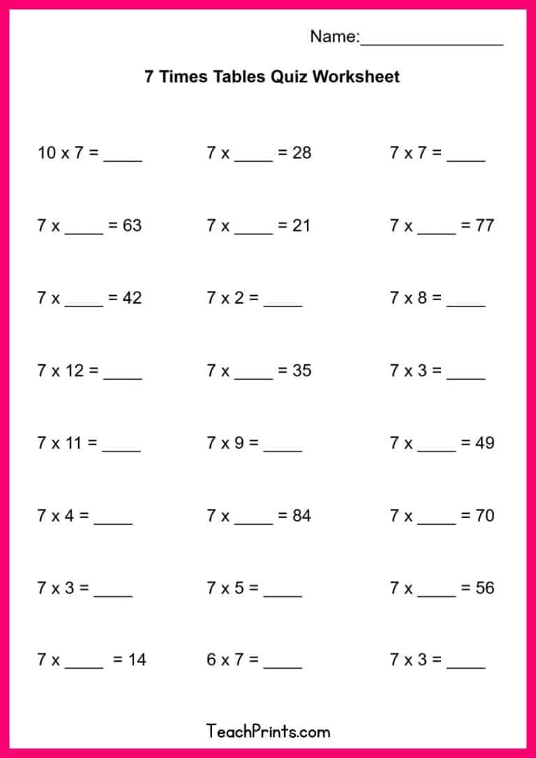 Free Seven Times Tables Worksheets (8 Versions) - Teach Prints