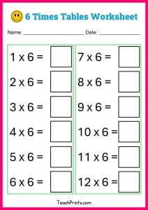 Free Six Times Tables Worksheets (8 Versions) - Teach Prints