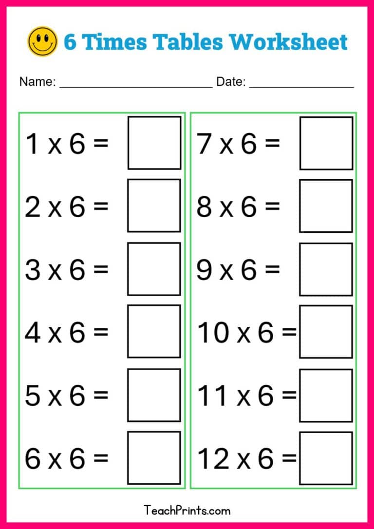 Free Six Times Tables Worksheets (8 Versions) - Teach Prints