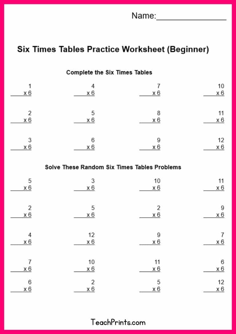 Free Six Times Tables Worksheets (8 Versions) - Teach Prints