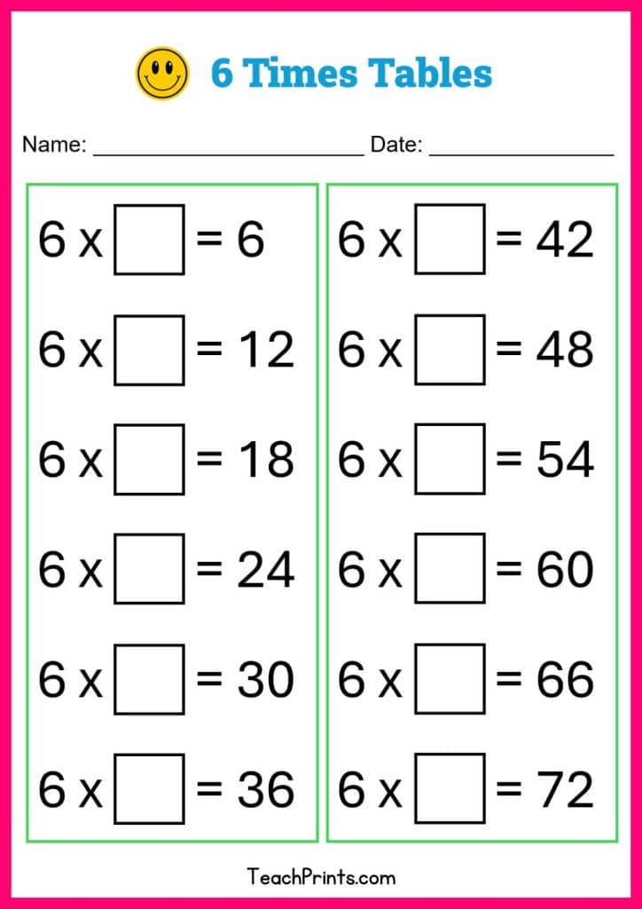 Free Six Times Tables Worksheets (8 Versions) - Teach Prints