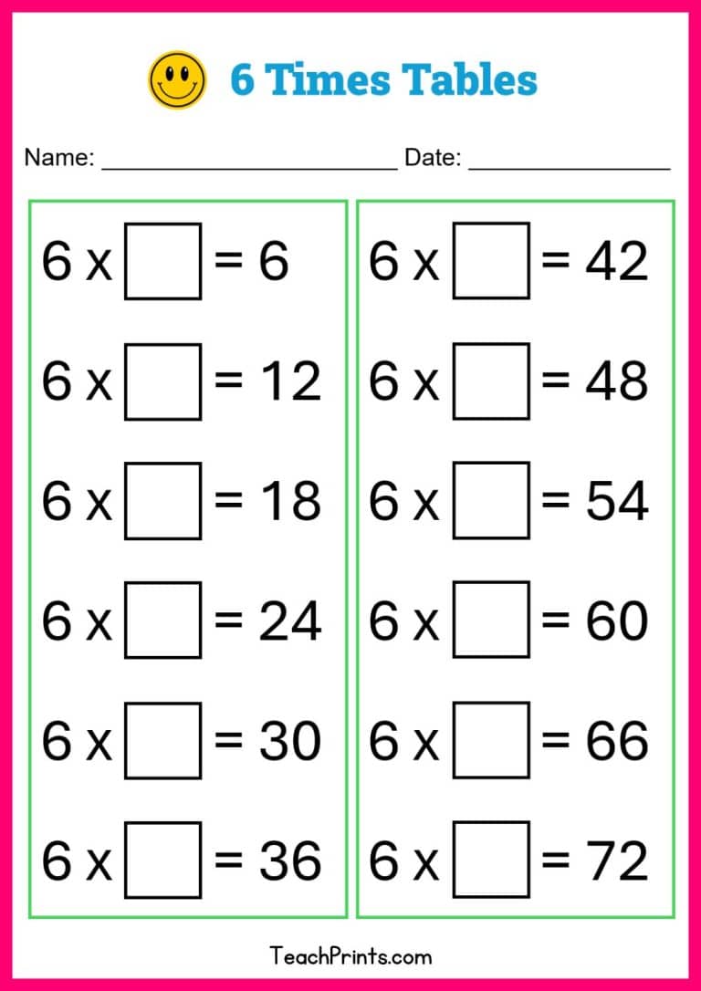 Free Six Times Tables Worksheets (8 Versions) - Teach Prints