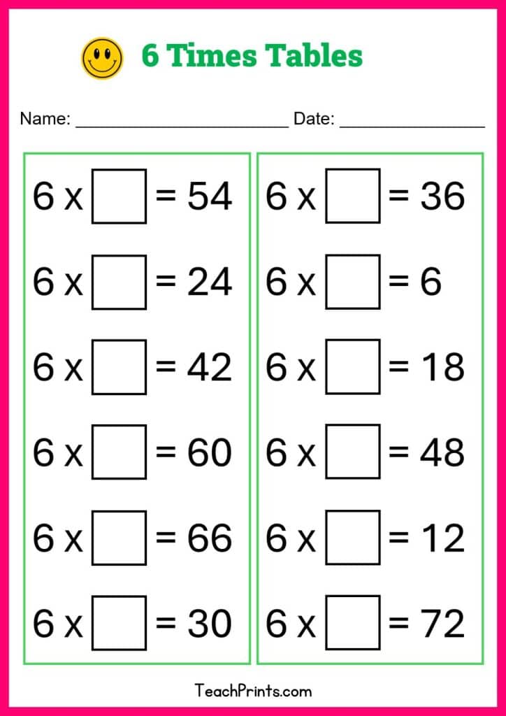 Free Six Times Tables Worksheets (8 Versions) - Teach Prints
