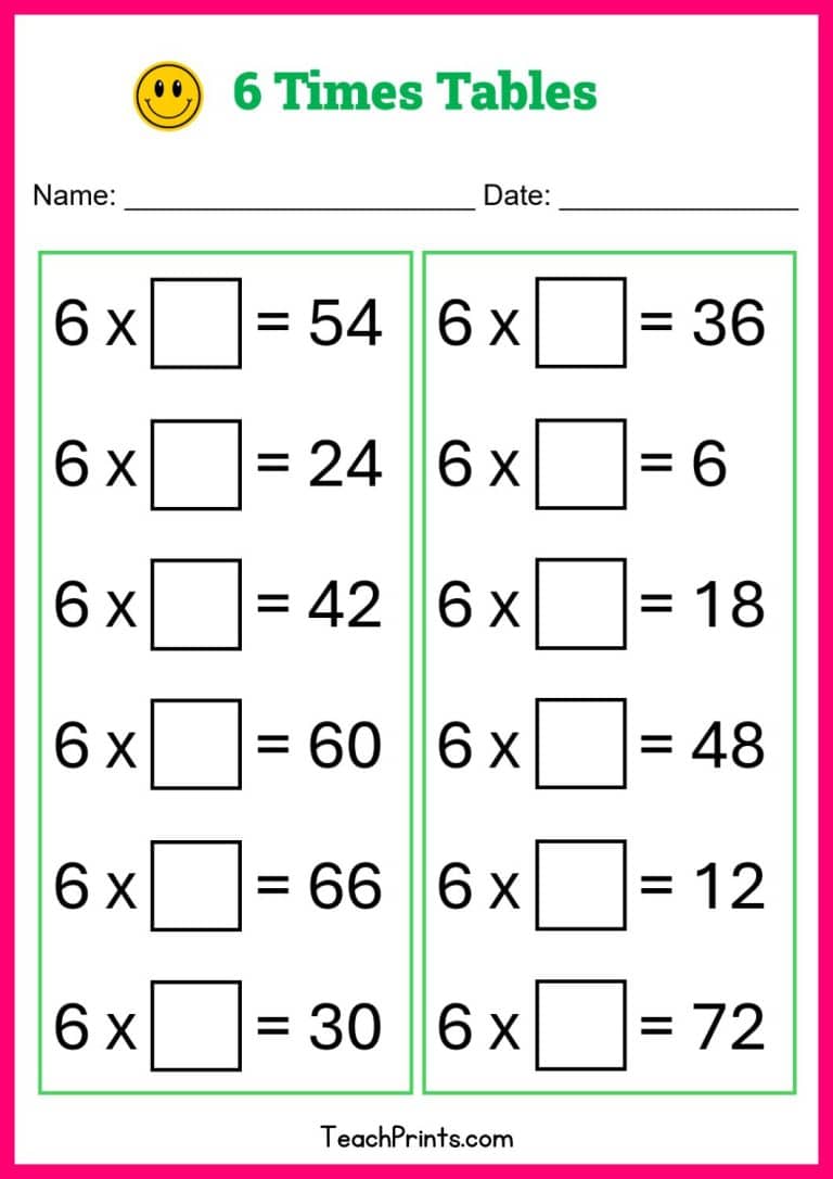 Free Six Times Tables Worksheets (8 Versions) - Teach Prints