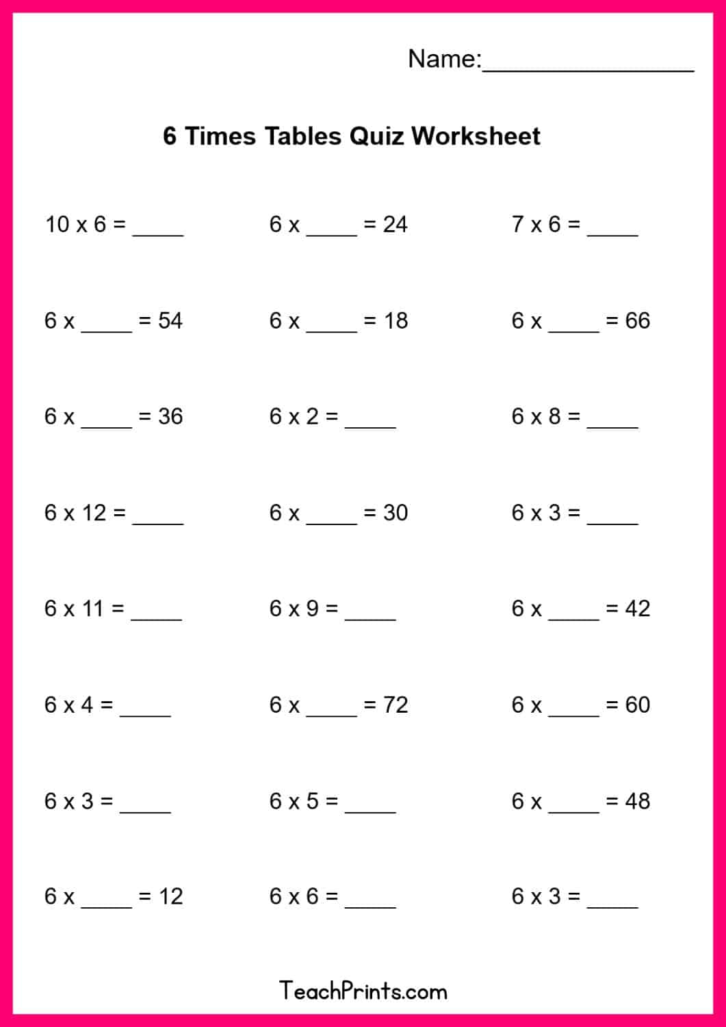 Free Six Times Tables Worksheets (8 Versions) - Teach Prints