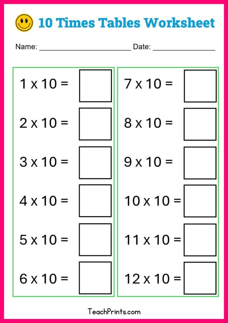 Free 10 Times Tables Worksheets (8 Versions) - Teach Prints