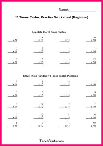 Free 10 Times Tables Worksheets (8 Versions) - Teach Prints