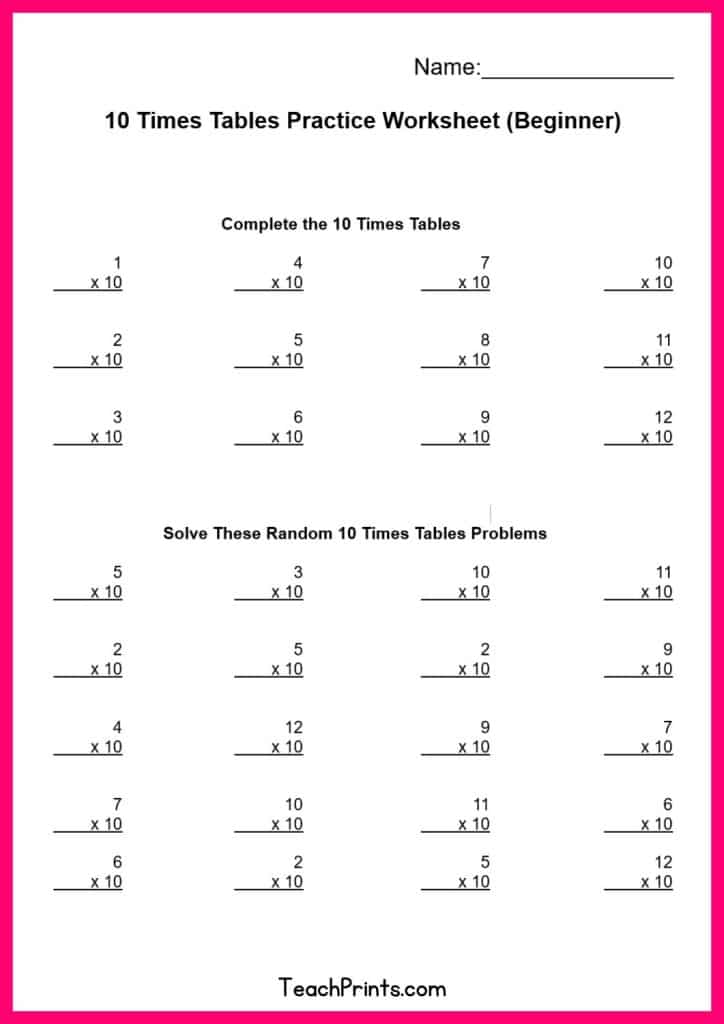 Free 10 Times Tables Worksheets (8 Versions) - Teach Prints