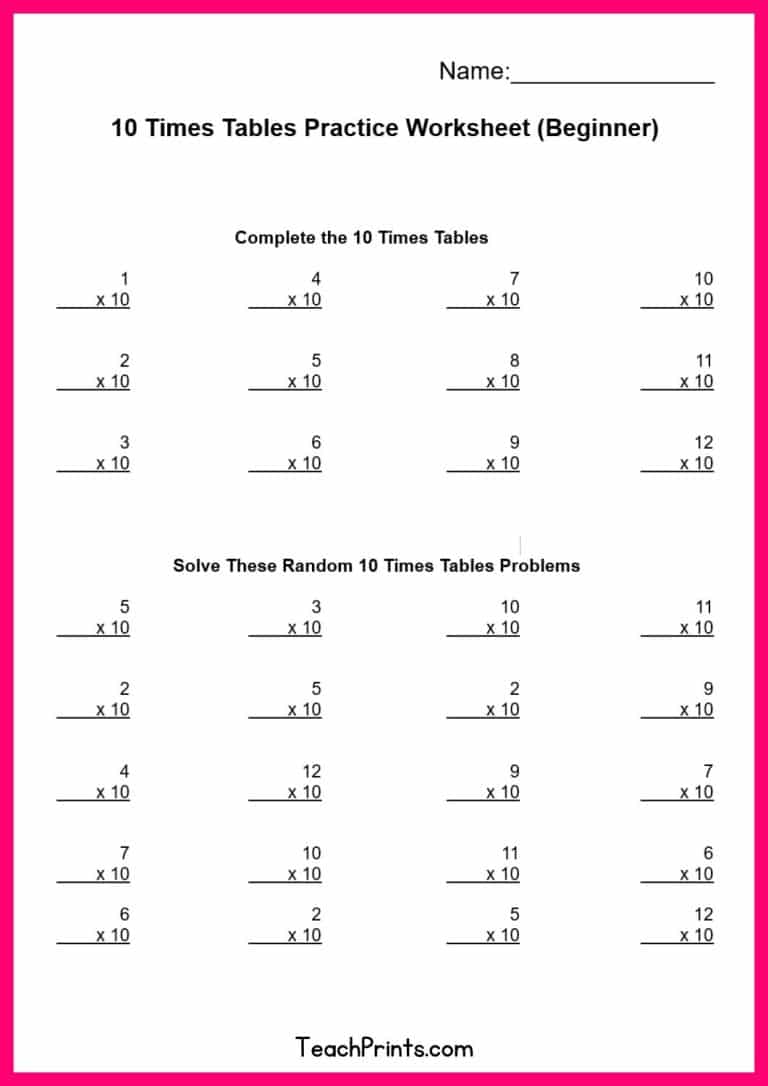 Free 10 Times Tables Worksheets (8 Versions) - Teach Prints