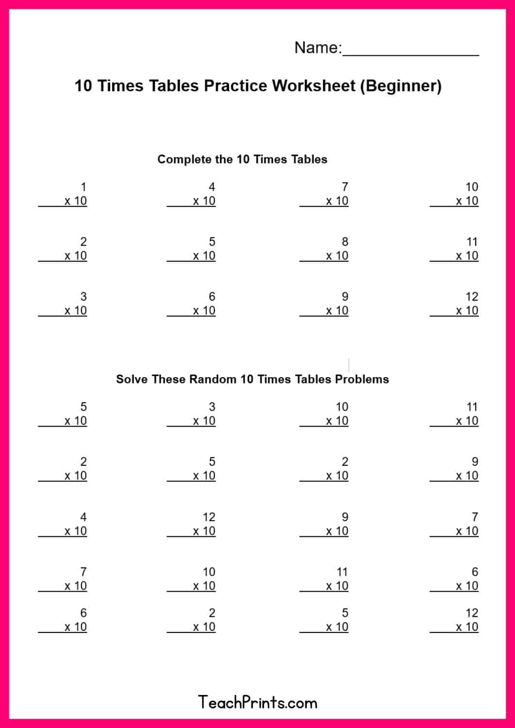 Free 10 Times Tables Worksheets (8 Versions) - Teach Prints