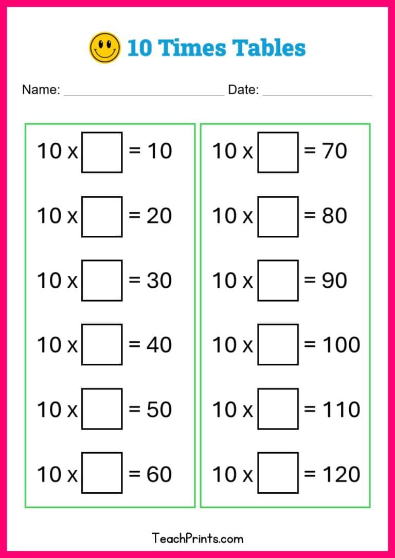 Free 10 Times Tables Worksheets (8 Versions) - Teach Prints