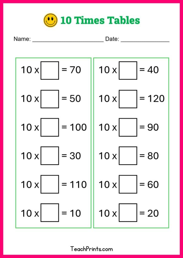 Free 10 Times Tables Worksheets (8 Versions) - Teach Prints