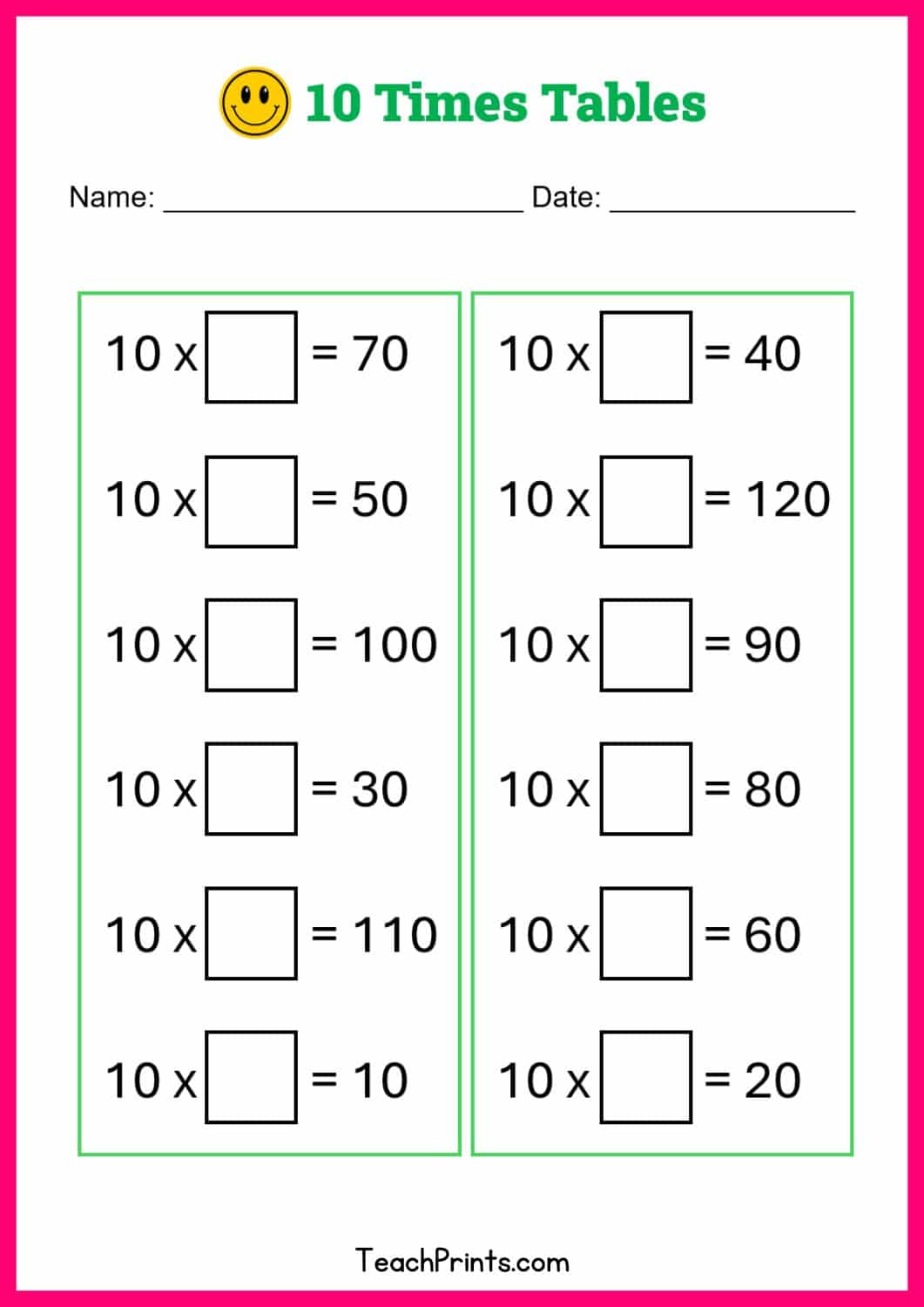 Free 10 Times Tables Worksheets (8 Versions) - Teach Prints