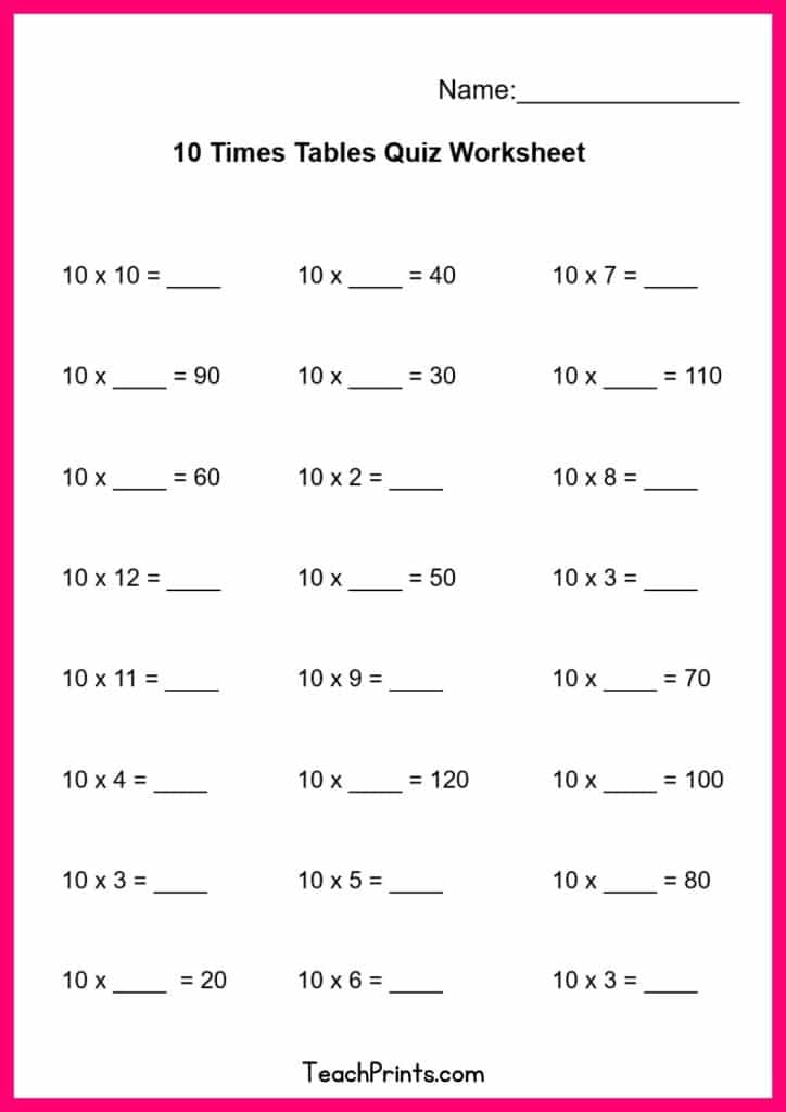 Free 10 Times Tables Worksheets (8 Versions) - Teach Prints