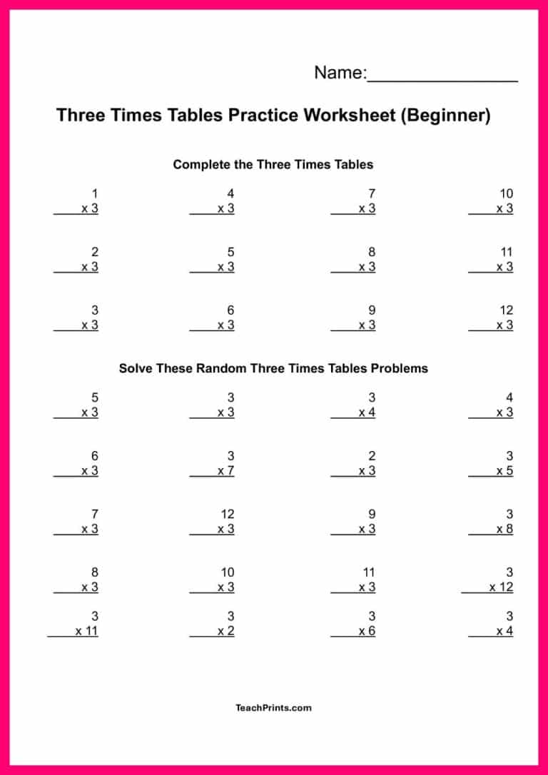 Free Three Times Tables Worksheets (8 Versions) - Teach Prints