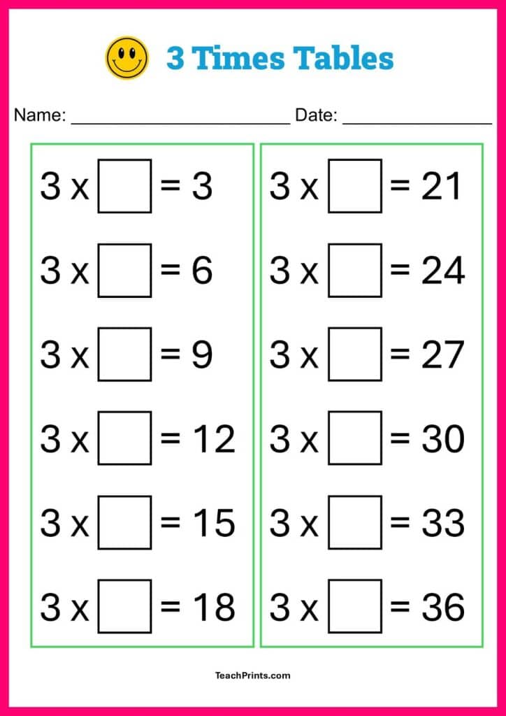 Free Three Times Tables Worksheets (8 Versions) - Teach Prints