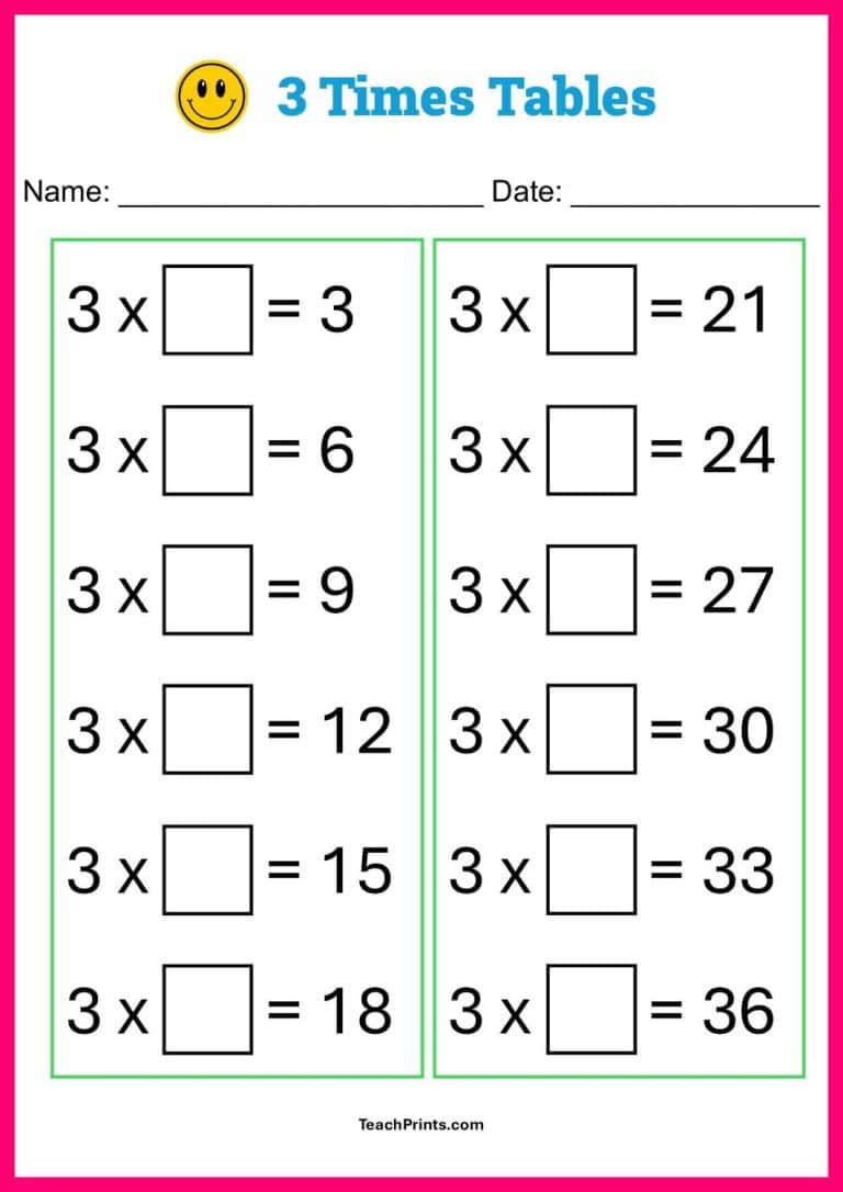 Free Three Times Tables Worksheets (8 Versions) - Teach Prints