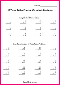 Free 12 Times Tables Worksheets (8 Versions) - Teach Prints