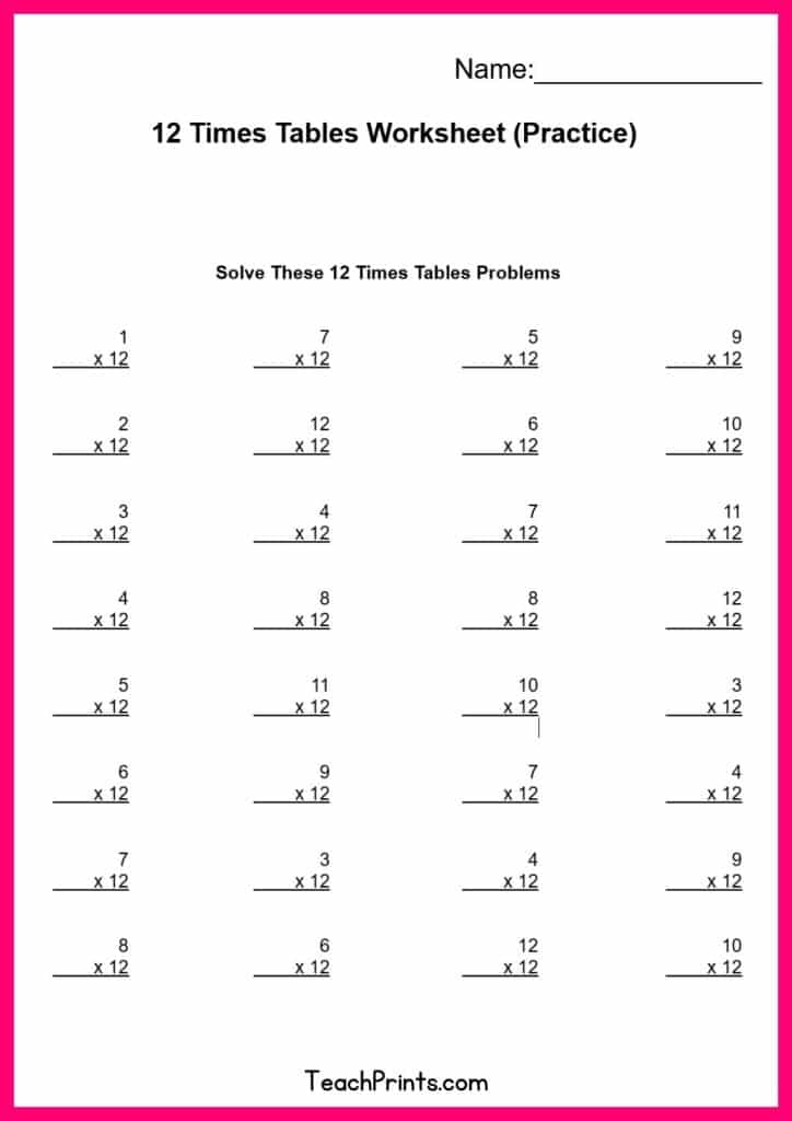 Free 12 Times Tables Worksheets (8 Versions) - Teach Prints