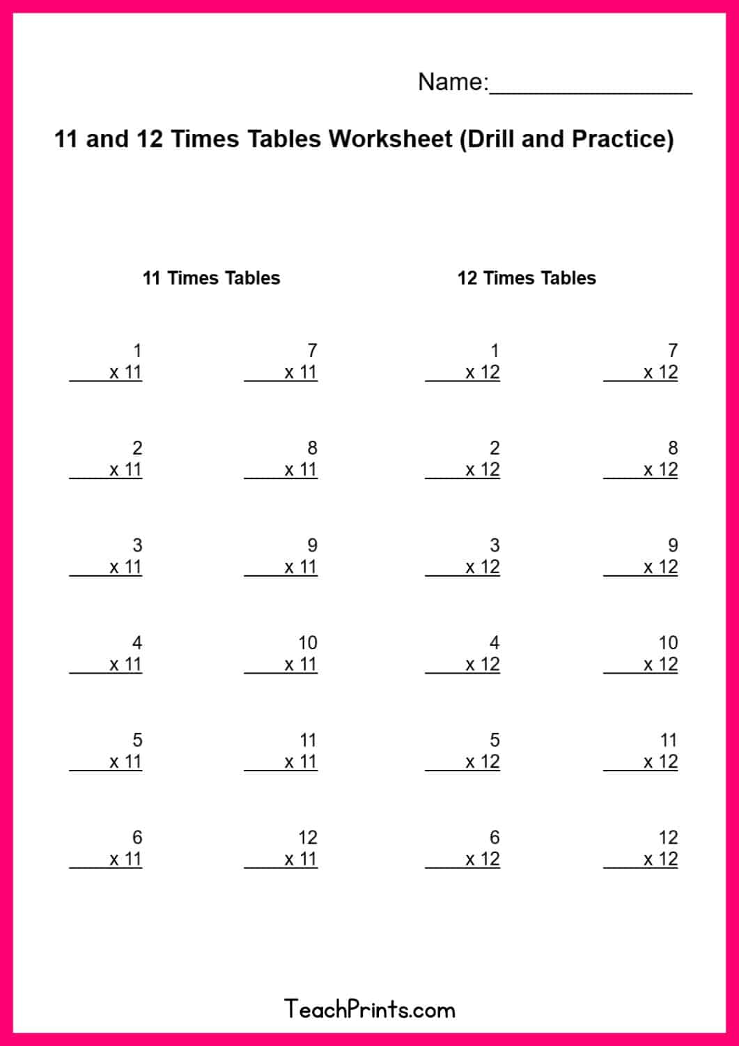 Free 12 Times Tables Worksheets (8 Versions) - Teach Prints