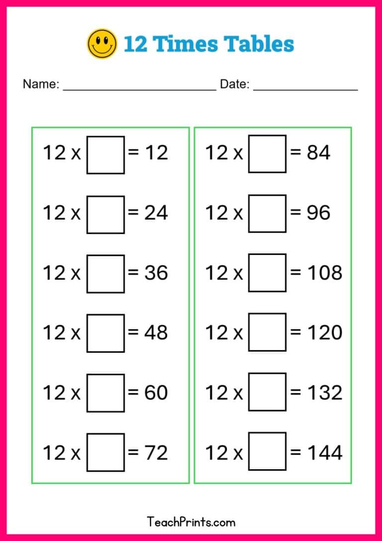 Free 12 Times Tables Worksheets (8 Versions) - Teach Prints