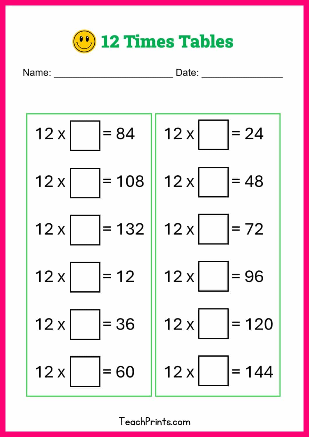 Free 12 Times Tables Worksheets (8 Versions) - Teach Prints