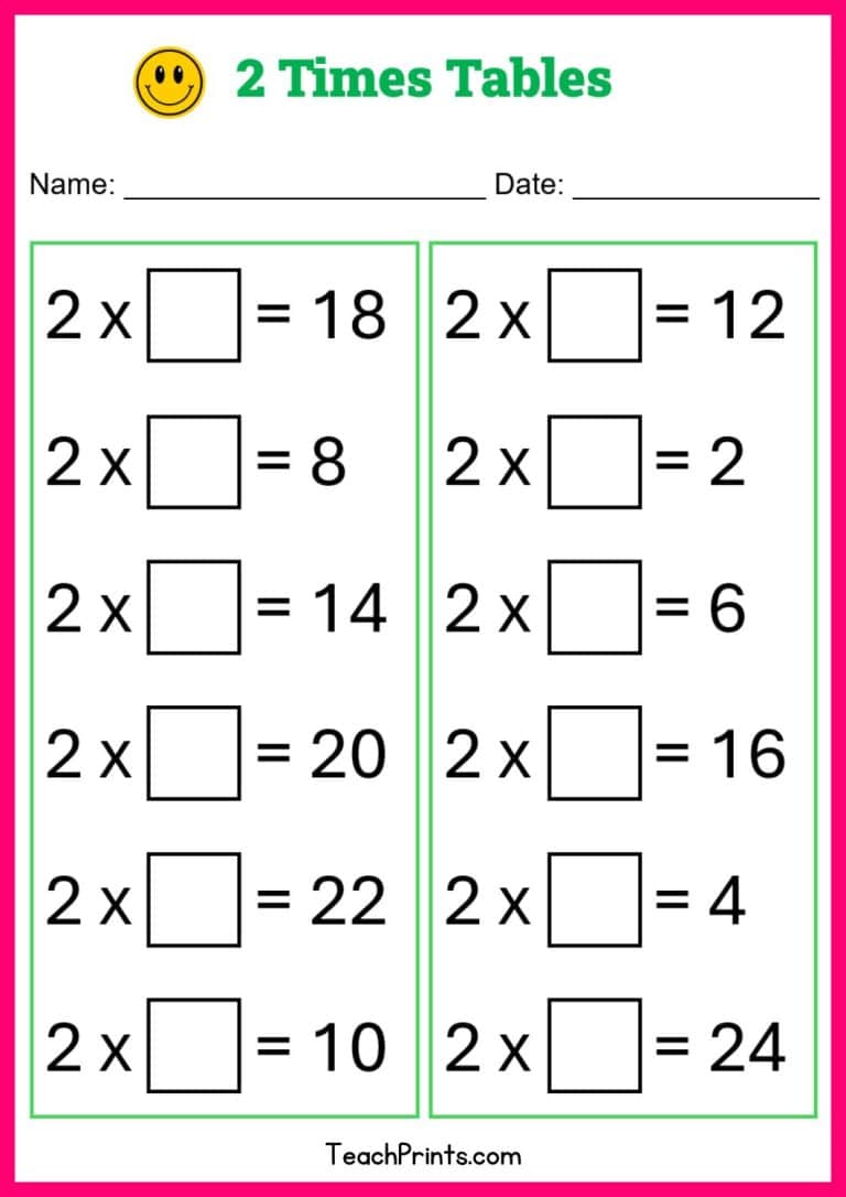 Free Two Times Tables Worksheets - Teach Prints