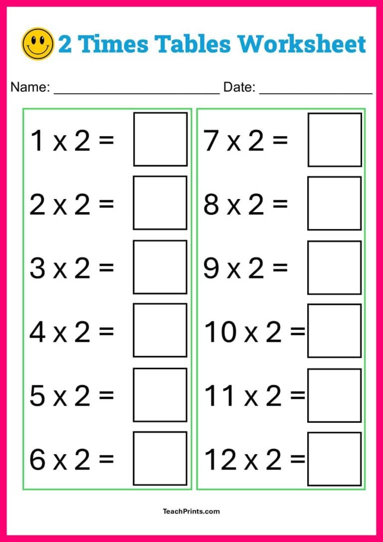 Free Two Times Tables Worksheets - Teach Prints