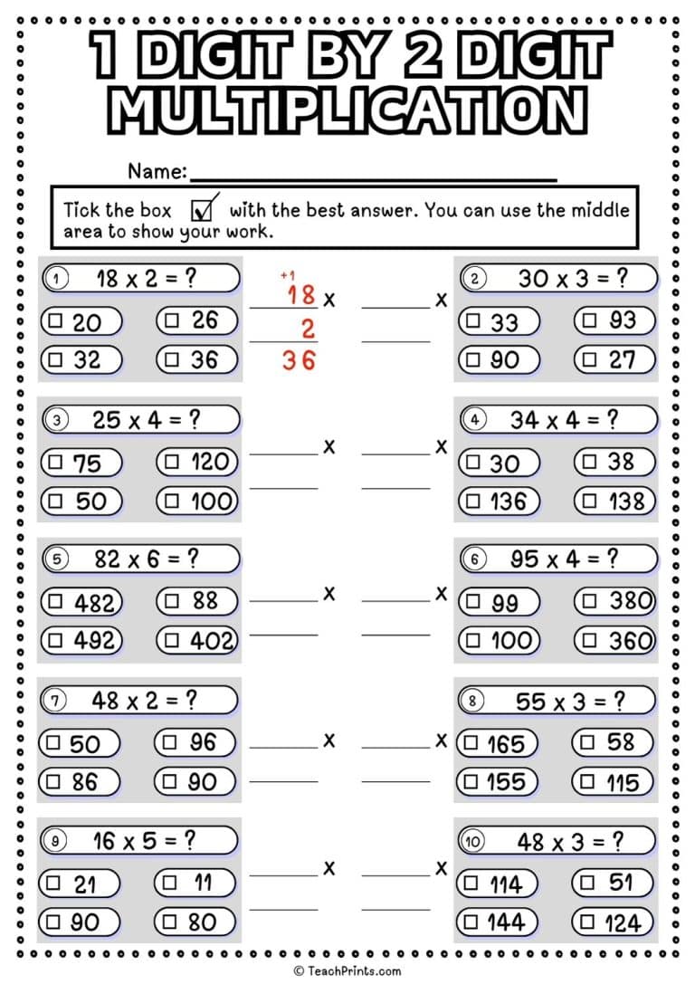 1 Digit by 2 Digit Multiplication Worksheets - Teach Prints