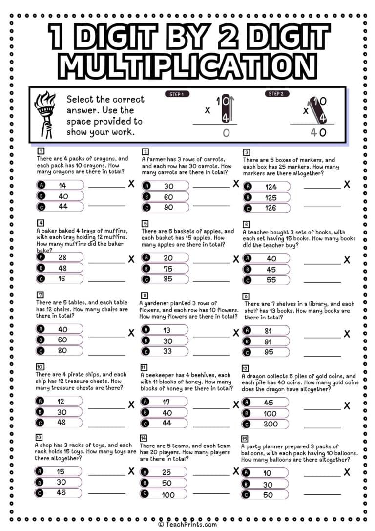 1 Digit by 2 Digit Multiplication Worksheets - Teach Prints