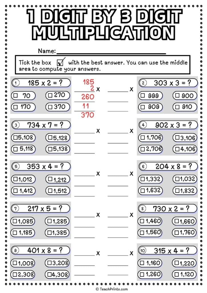 1 Digit by 3 Digit Multiplication Worksheets - Teach Prints