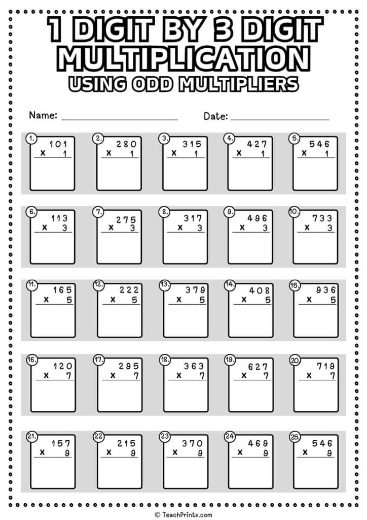 1 Digit by 3 Digit Multiplication Worksheets - Teach Prints