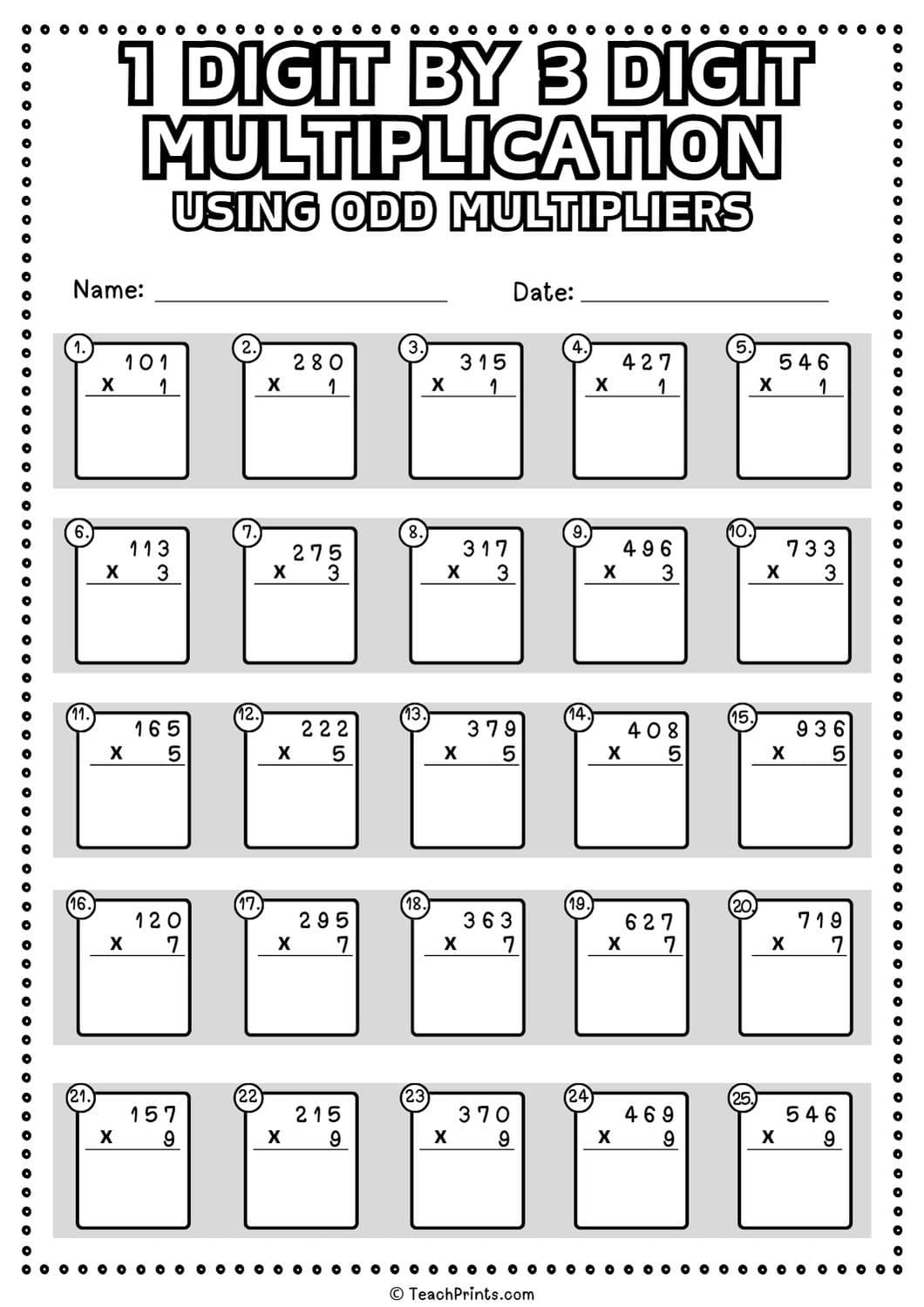 1 Digit by 3 Digit Multiplication Worksheets - 🍎 Teach Prints