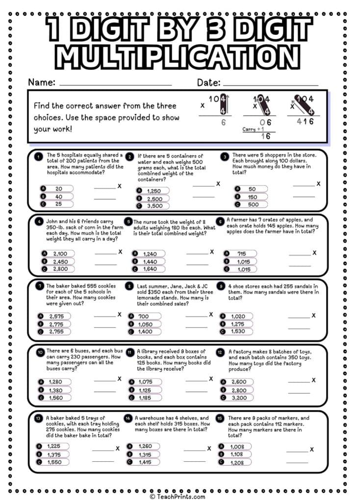 1 Digit by 3 Digit Multiplication Worksheets - Teach Prints