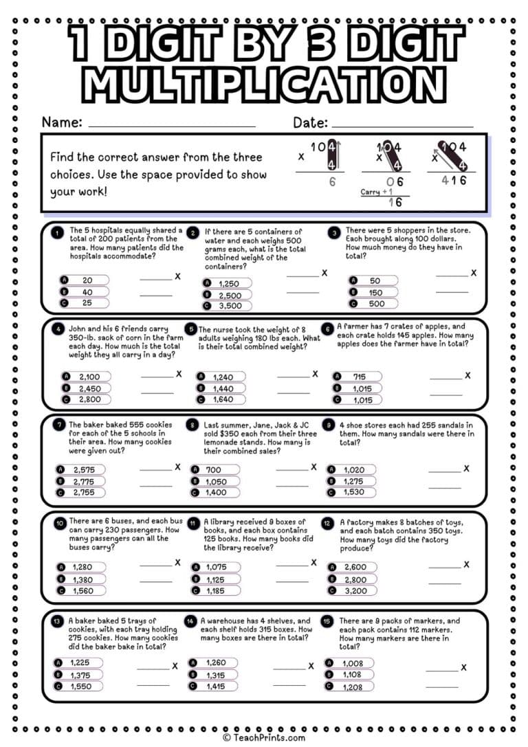 1 Digit by 3 Digit Multiplication Worksheets - Teach Prints