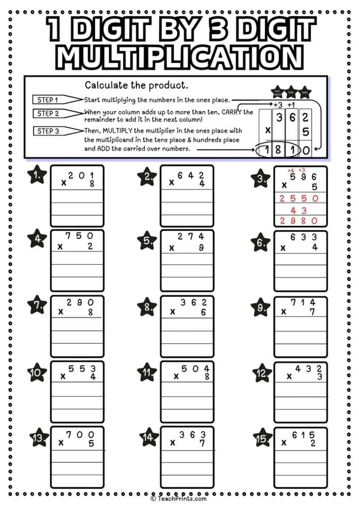 1 Digit by 3 Digit Multiplication Worksheets - Teach Prints