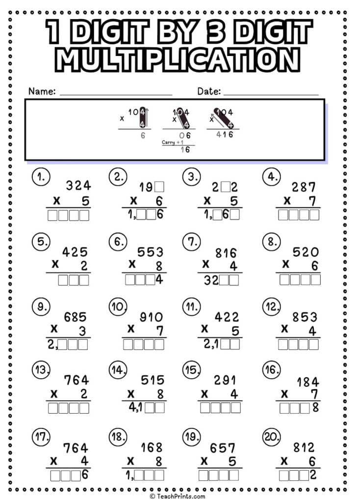 1 Digit by 3 Digit Multiplication Worksheets - Teach Prints